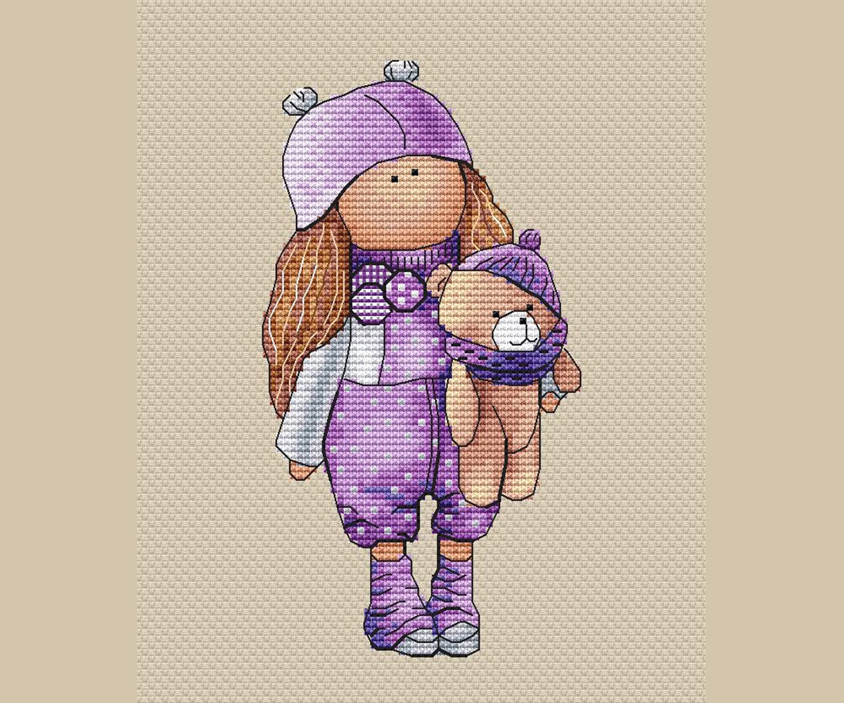 Doll in Purple Cross Stitch Pattern Doll With Teddy Cross Stitch Cute ...