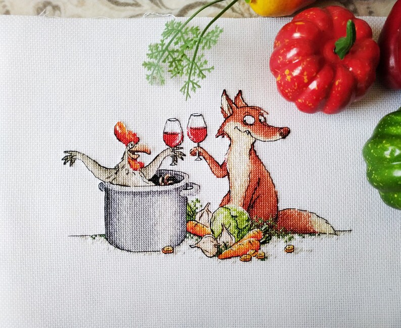 Fox With Chicken Cross Stitch Pattern Fox Dinner Cross Stitch | Etsy