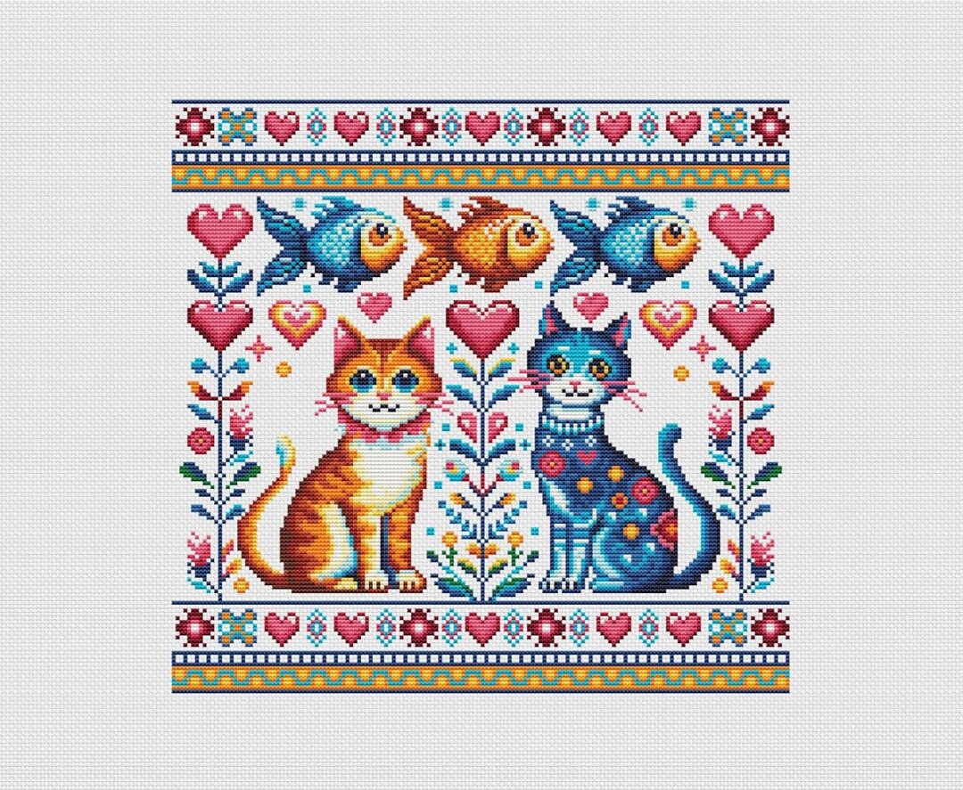 Two Cats With Fish Cross Stitch Pattern - Etsy