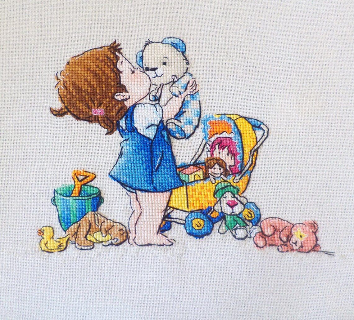 Baby Girl With Toys Cross Stitch Pattern Mom Cross Stitch Toy Bear ...