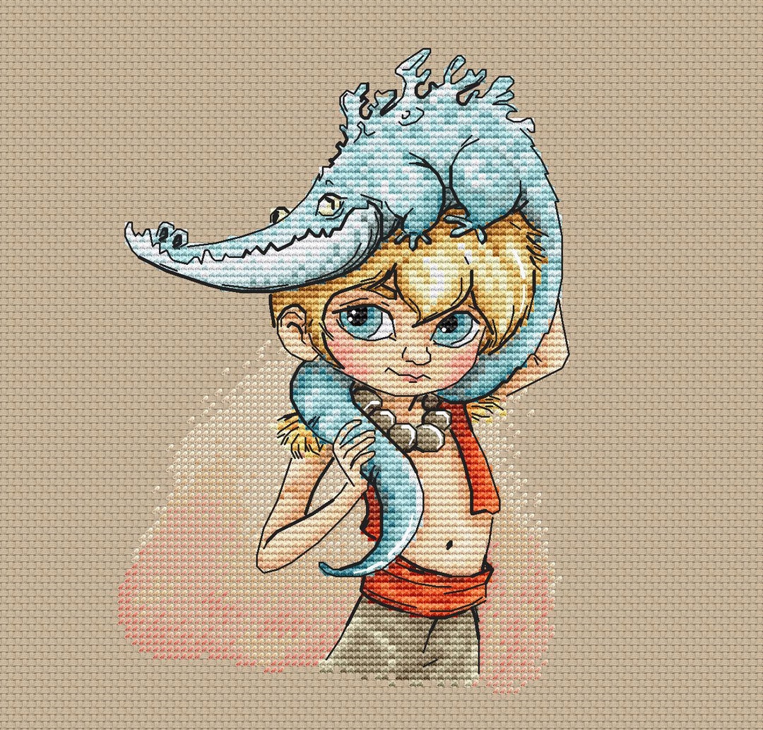 Boy With Crocodile Cross Stitch Pattern Blue Eyes Boy Cross Stitch Boy ...