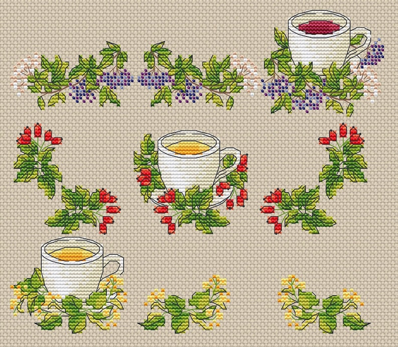 Herbal Tea Cross Stitch Pattern Berry Tea Cross Stitch Cup of - Etsy