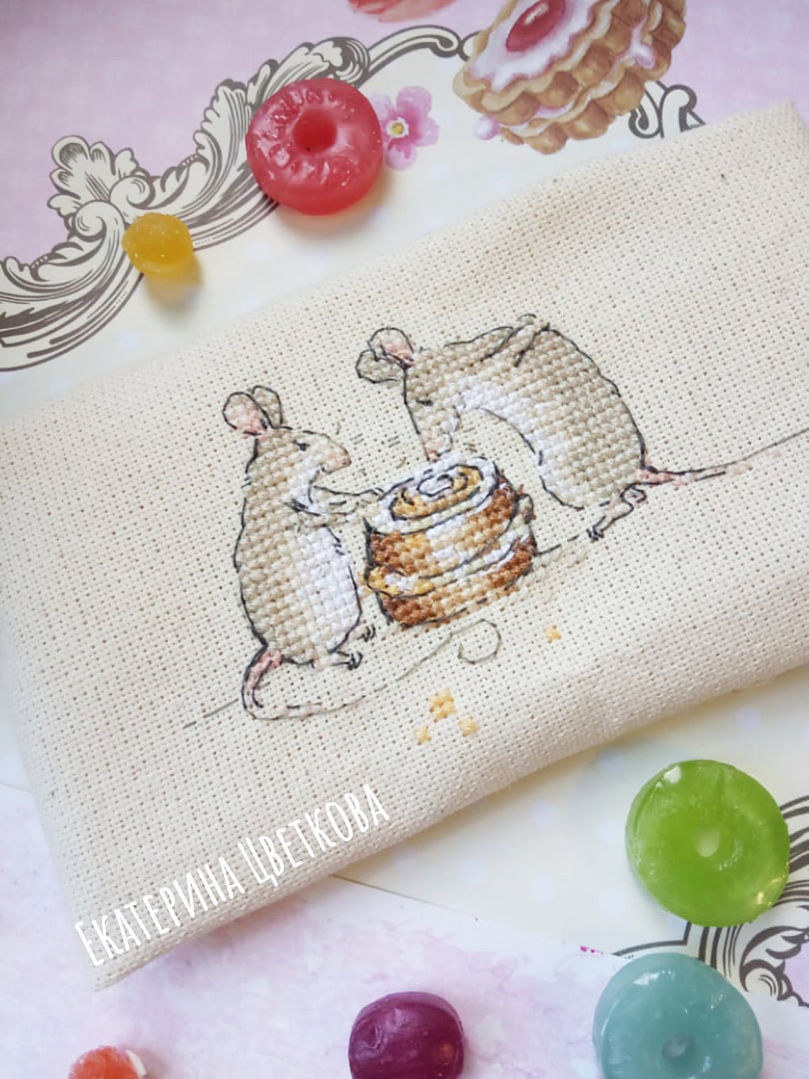 Mice With Cake Cross Stitch Pattern Cinnabon Cross Stitch Kitchen Towel ...