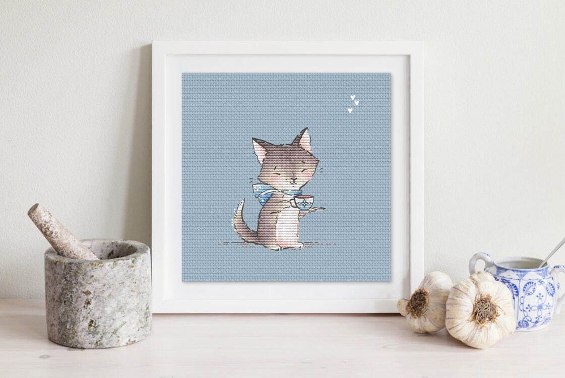 Cute Kitten cross stitch pattern gray cat with cup of tea | Etsy