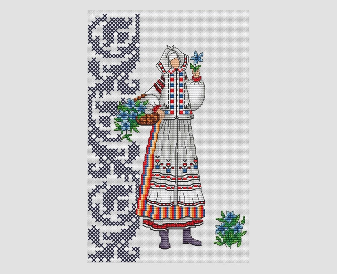 Woman With Periwinkle Cross Stitch Pattern - Etsy