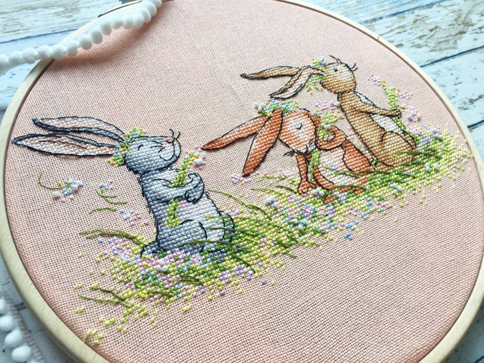Three Bunnies Cross Stitch Pattern Bunnies With Flowers Cross - Etsy