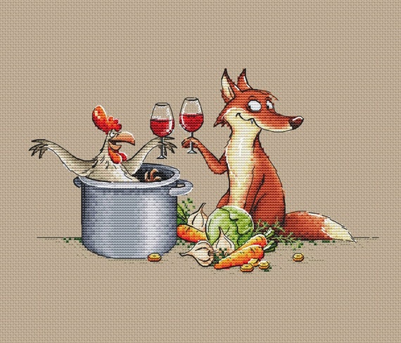 Fox With Chicken Cross Stitch Pattern Fox Dinner Cross Stitch | Etsy