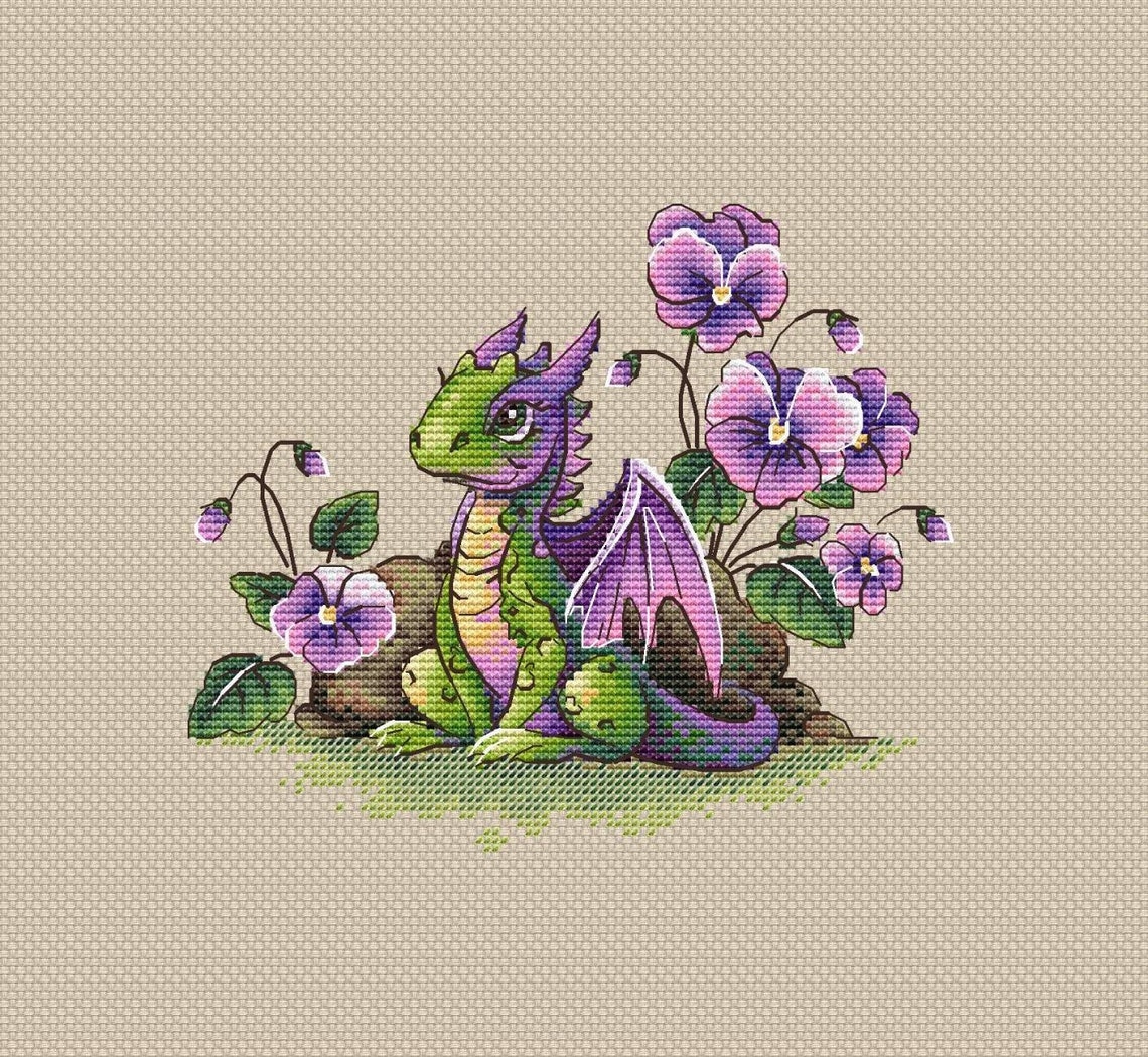 Dragon With Violets Cross Stitch Pattern - Etsy