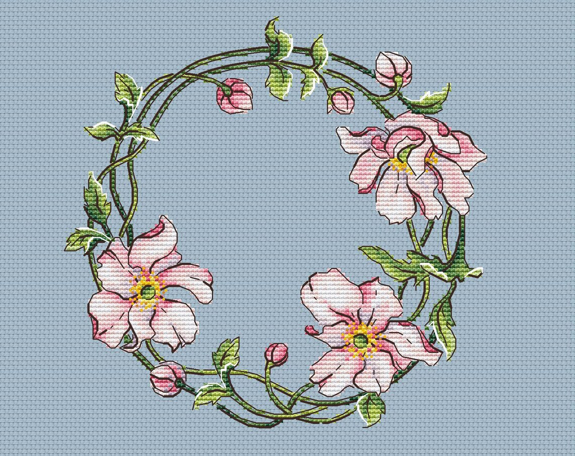 Anemone Wreath Cross Stitch Pattern Floral Wreath Cross Stitch | Etsy