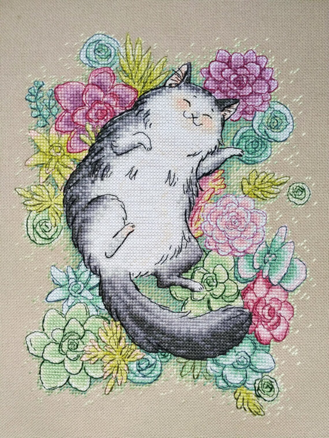 Lazy Cat Cross Stitch Pattern Cat With Succulents Cross Stitch - Etsy ...