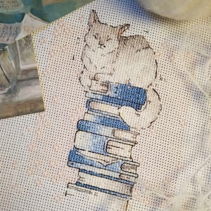 Cat With Books Cross Stitch Pattern Cat Sleeping on the Books Cross ...