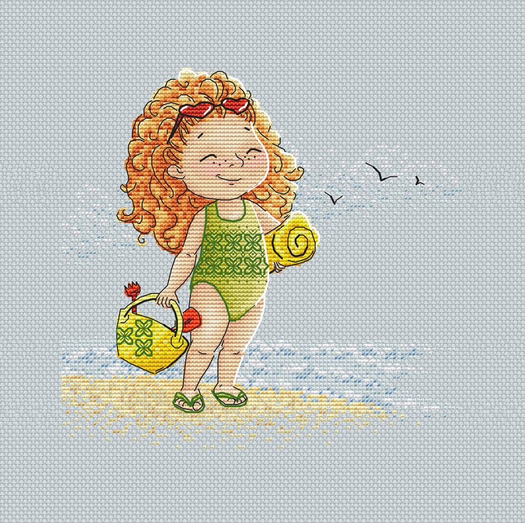Girl on the Beach Cross Stitch Pattern Ginger Hair Girl Cross Stitch ...