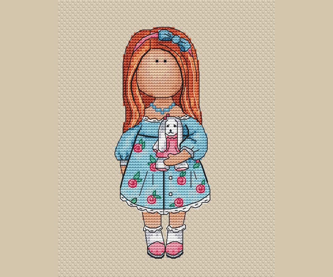 Doll With Bunny Cross Stitch Pattern Doll in Blue Dress Cross Stitch ...