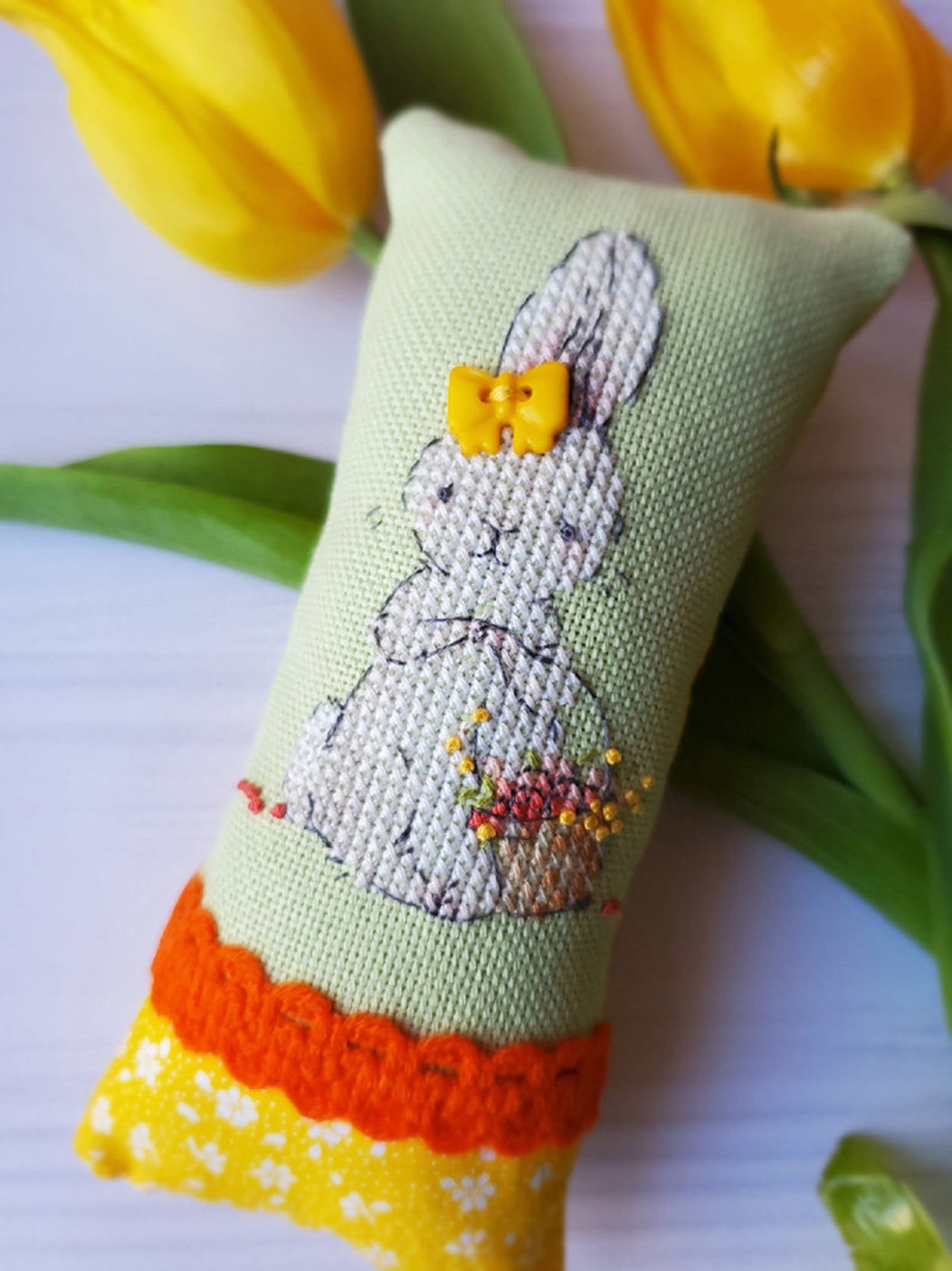 Spring Bunny With Flowers Cross Stitch Pattern Bunny Girl With Basket ...