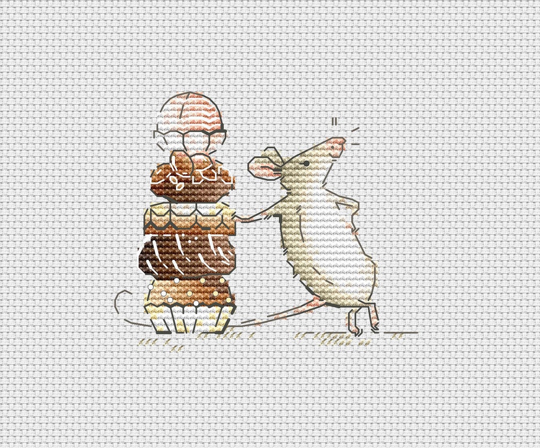 Mouse With Sweets Cross Stitch Pattern Happy Mouse Cross Stitch Kitchen ...