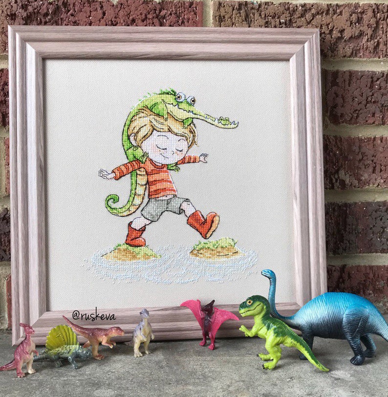 Boy With Crocodile Cross Stitch Pattern Boy in Red Boots Cross - Etsy