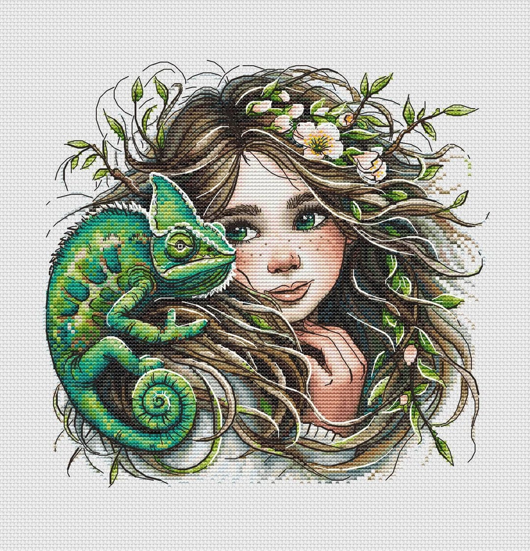 Girl With Chameleon Cross Stitch Pattern - Etsy