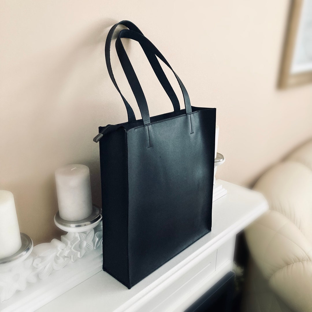 Black Full Grain Leather Tote Bag: Medium Office Handbag - Etsy