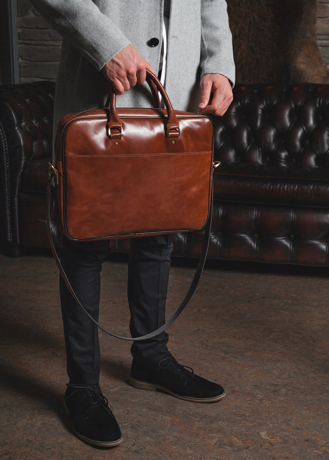 Leather Briefcase With Trolley Strap Slim Leather Laptop Bag - Etsy