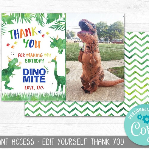 Editable Dinosaur Thank You Card Instant Digital Download - Etsy