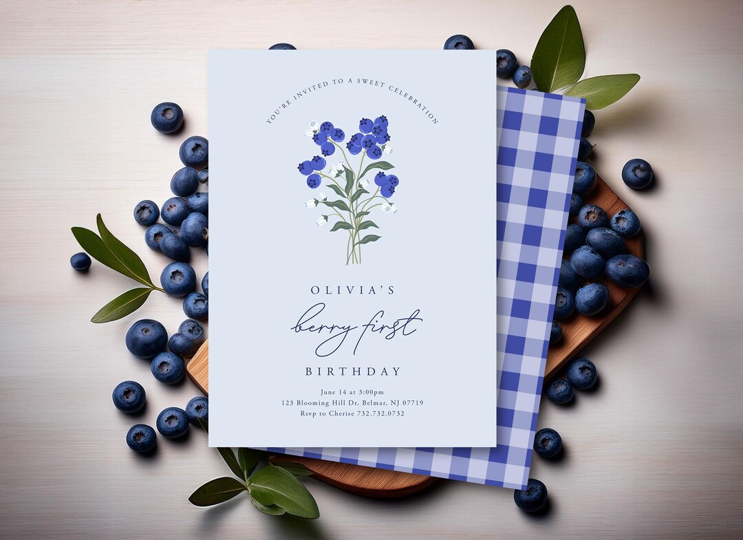 Berry First Birthday Invitation Template, Berry Sweet, Modern Blueberry ...