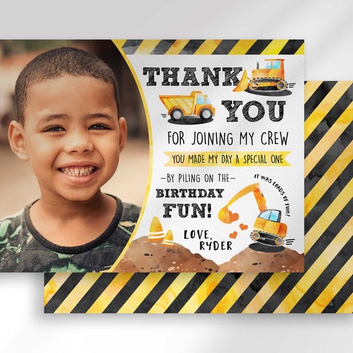 Editable Construction Birthday Thank You Card Truck Thank Etsy
