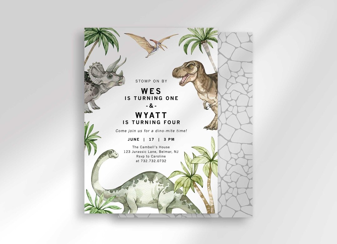 Joint Dinosaur Birthday Invitation: Modern Jurassic Party (digital ...
