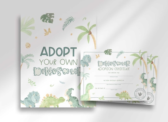 Dinosaur Birthday Adopt a Dinosaur Sign and Adoption Certificate | 8x10 ...