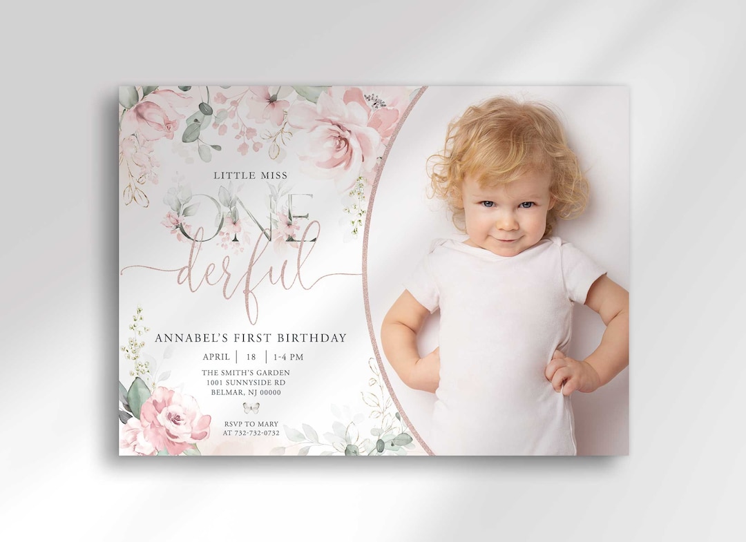 Editable Little Miss Onederful Birthday Photo Invitation Template ...