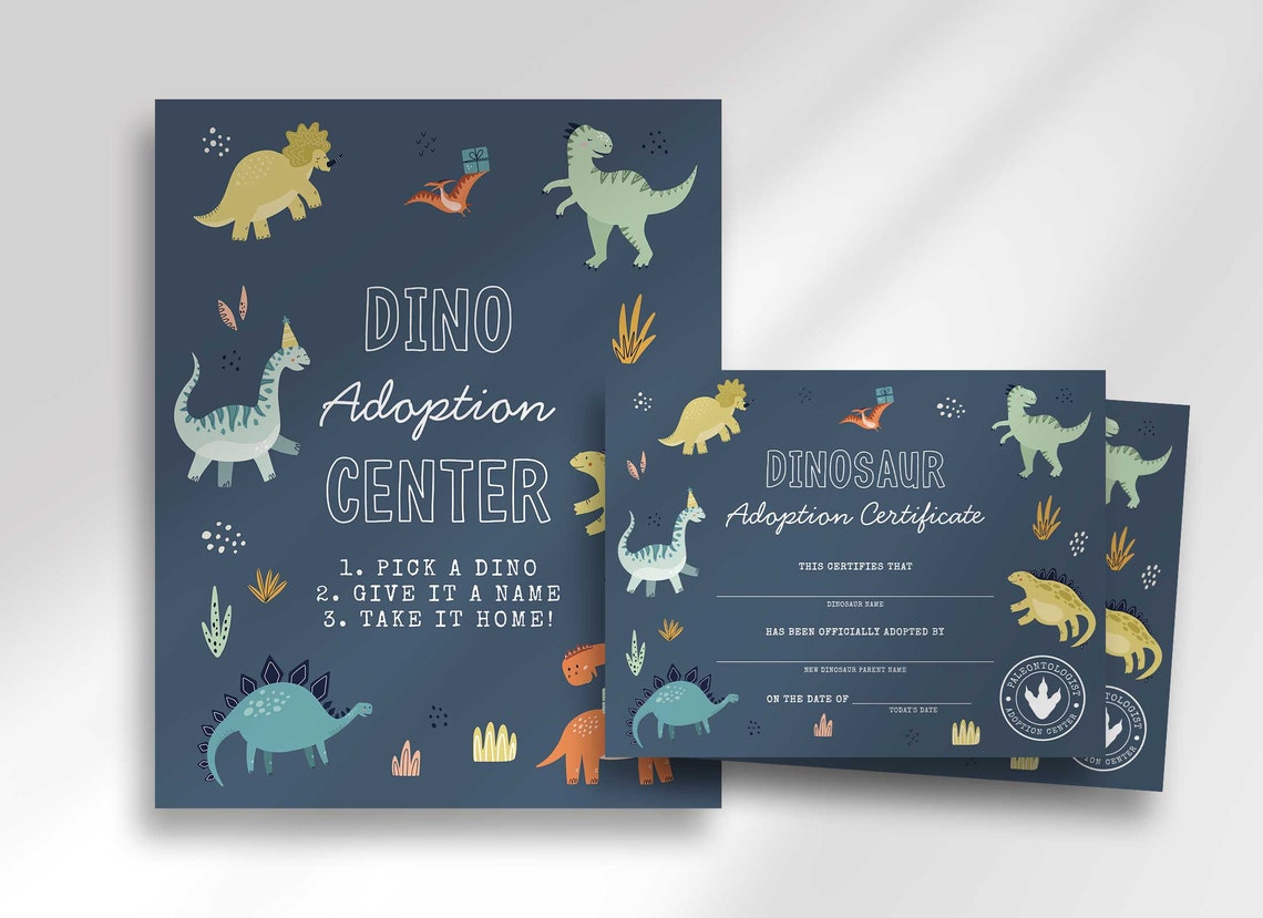 Dinosaur Adoption Certificate Sign Birthday Party Decor Digital ...