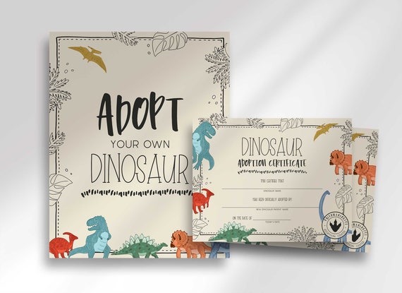 Dinosaur Birthday Adopt a Dinosaur Sign and Adoption Certificate | 8x10 ...