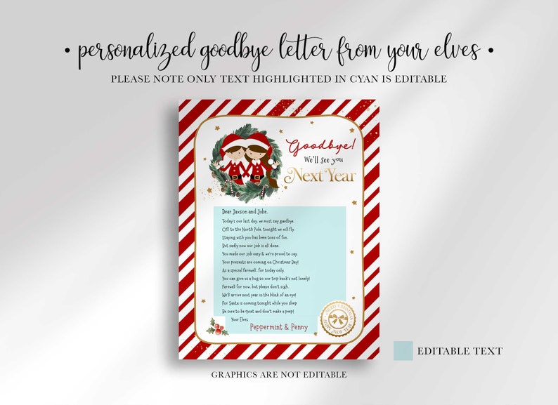 Editable Elf Goodbye Letter Digital Download - Boy Girl Pairs Christmas ...