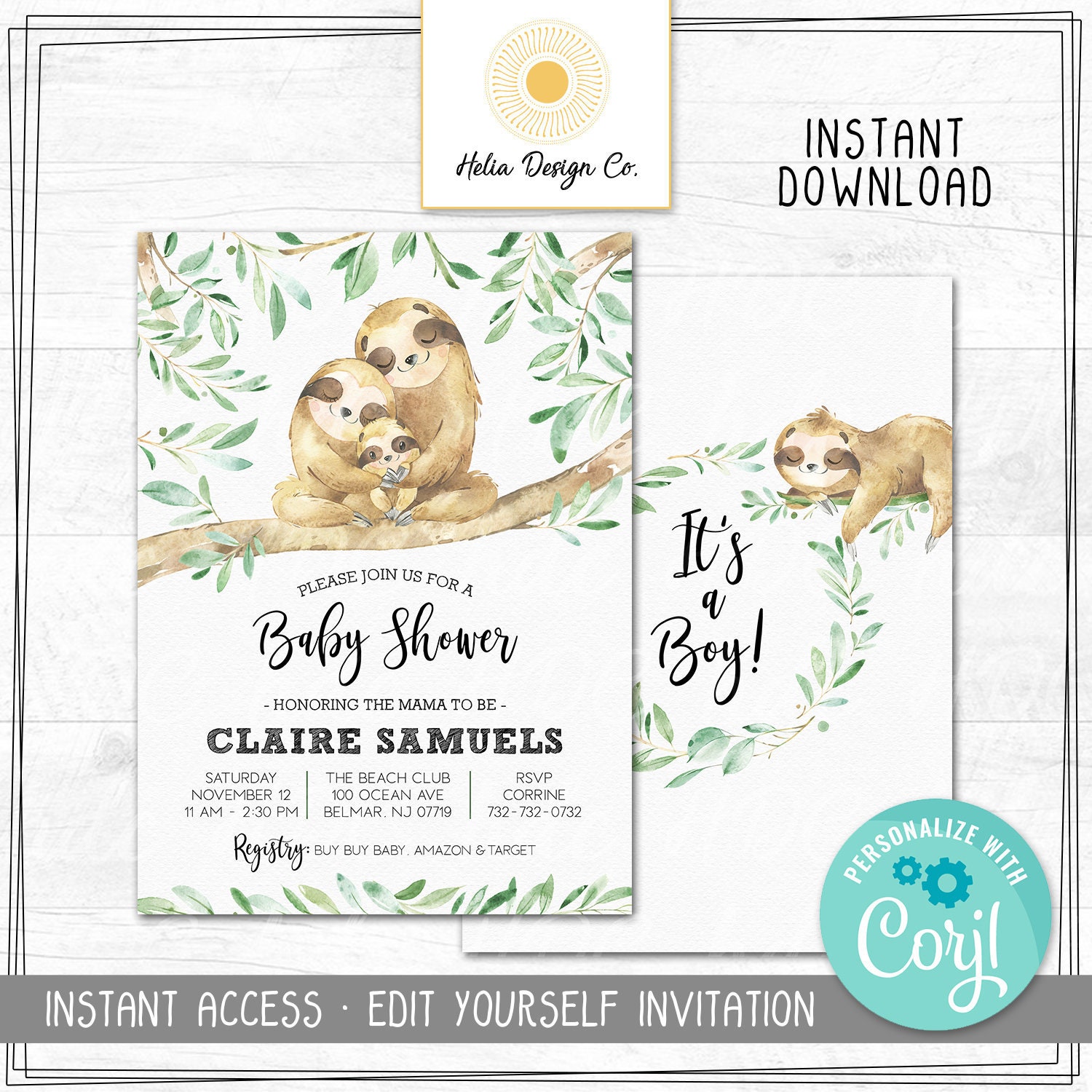 Sloth Baby Shower Invitation Template: Editable Corjl Design (digital ...