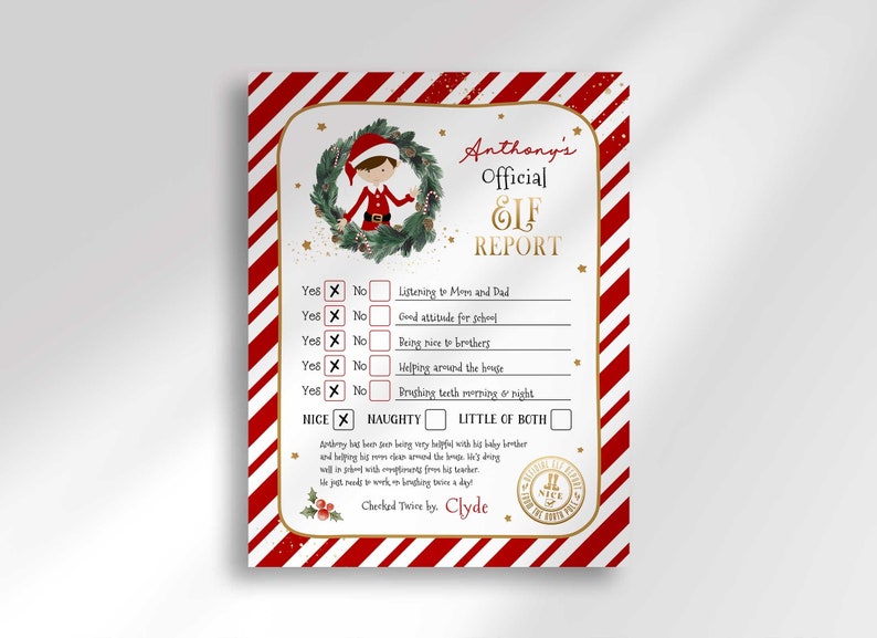 Customizable Elf Report Card for Christmas: Digital Download for Boy ...