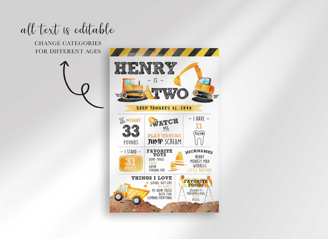 Editable Construction Birthday Board Truck Birthday Board - Etsy