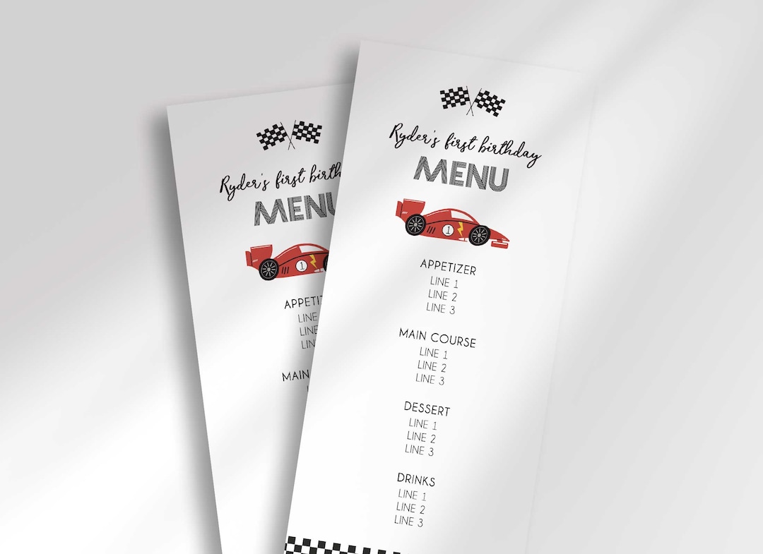 Editable Race Car Birthday Party Menu Digital Download - One Fast ...