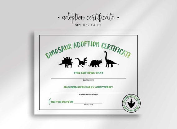 Dinosaur Birthday Adoption Certificate Digital Download | Printable DIY ...