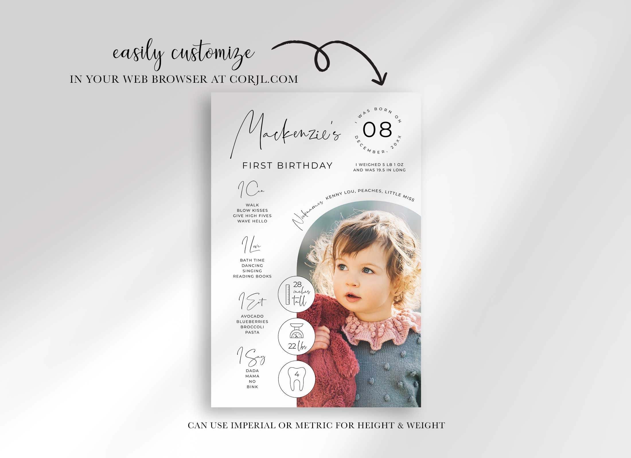 Editable First Birthday Milestone Chart Template Instant - Etsy