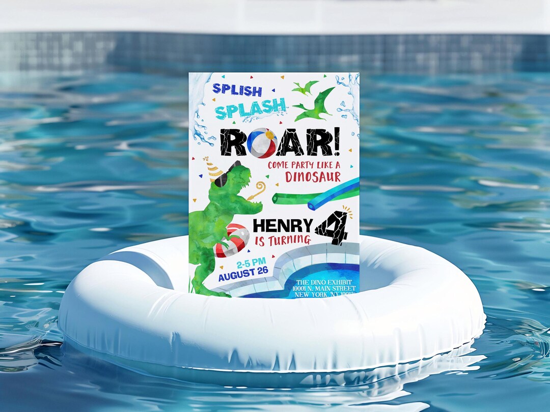 Dinosaur Pool Party Invitation: T-rex Birthday, Summer Water (digital ...