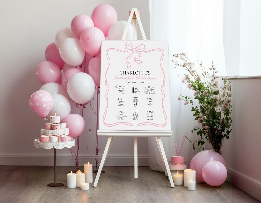 Pink Bow 1st Birthday Chart, First Birthday Template Printable, Pink ...