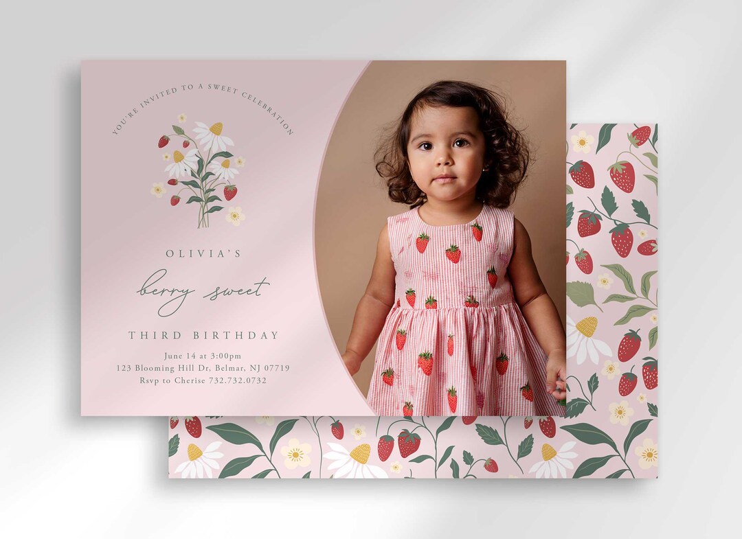 Berry Sweet Birthday Photo Invitation Template, Modern Strawberry ...