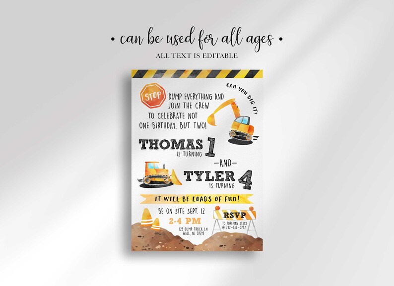 Editable Joint Construction Birthday Invitation Truck | Etsy