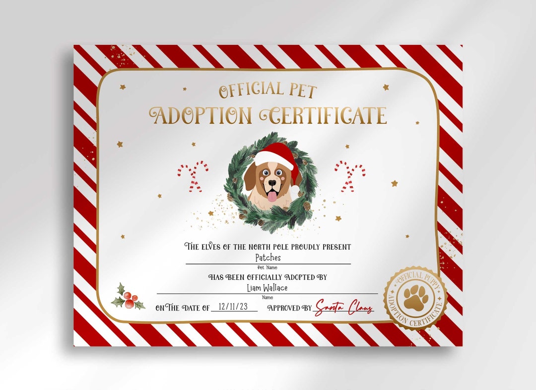 Editable Christmas Puppy Adoption Certificate | Pet Adoption - Etsy