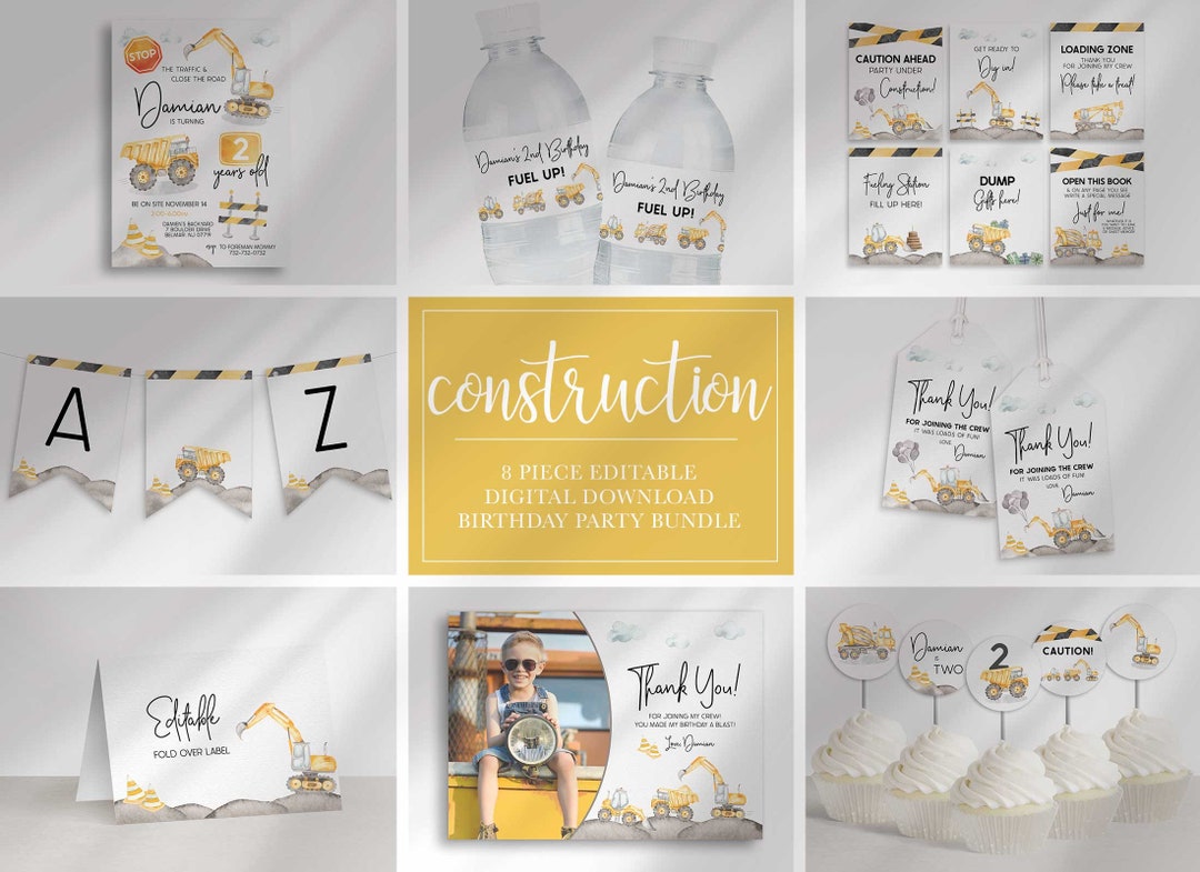 Modern Construction Birthday Invitation, Construction Site Party Bundle ...