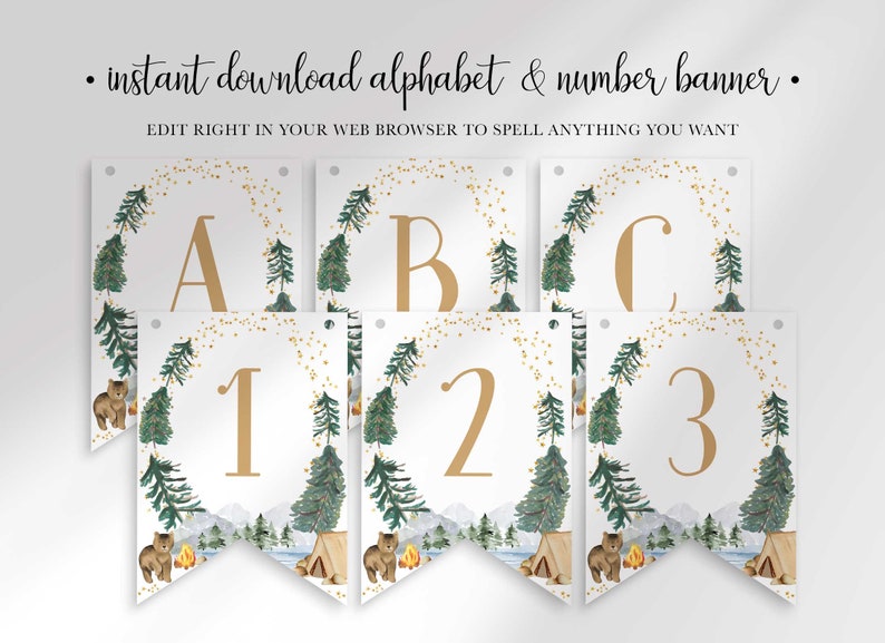 Woodland Camper Banner, Editable Birthday Baby Shower Bunting (digital ...