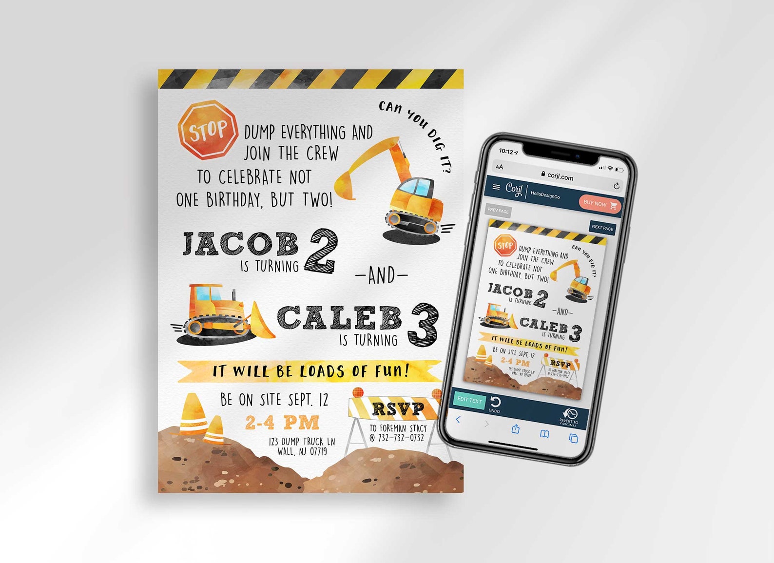 Editable Joint Construction Birthday Invitation Truck | Etsy