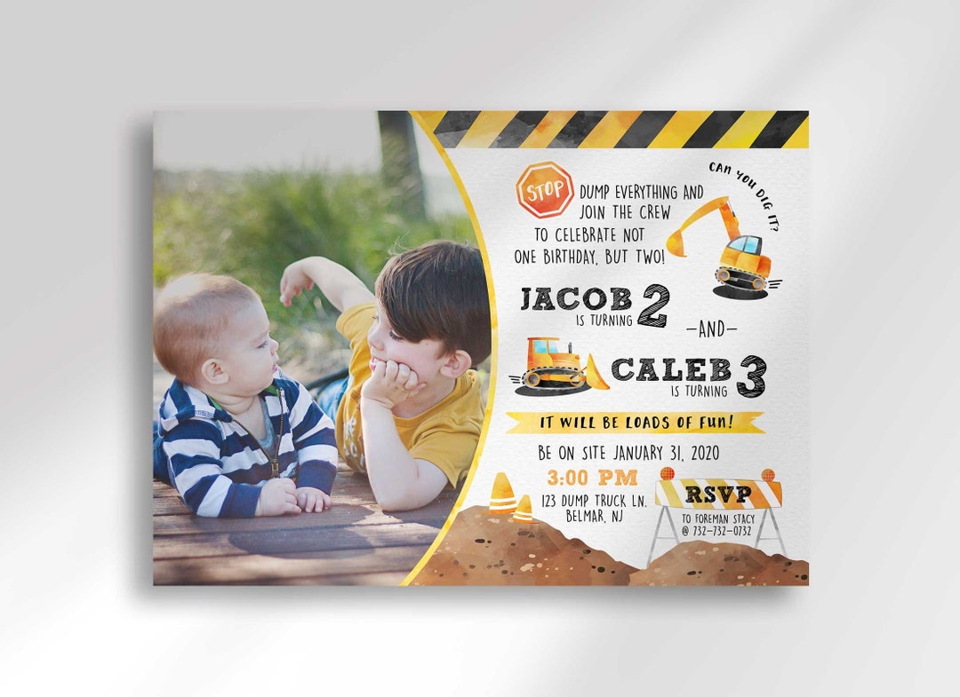 Sibling Construction Birthday Invitation for Two Birthdays or Twins ...