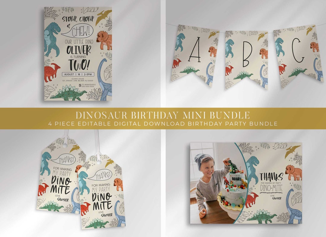 Editable Dinosaur Birthday Mini Bundle for Digital Download Edit ...