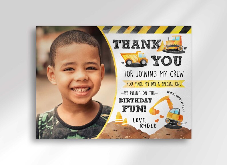 Editable Construction Birthday Thank You Card Truck Thank Etsy