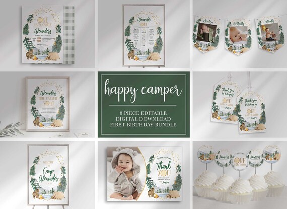 Editable One Happy Camper First Birthday Bundle for Instant Download ...